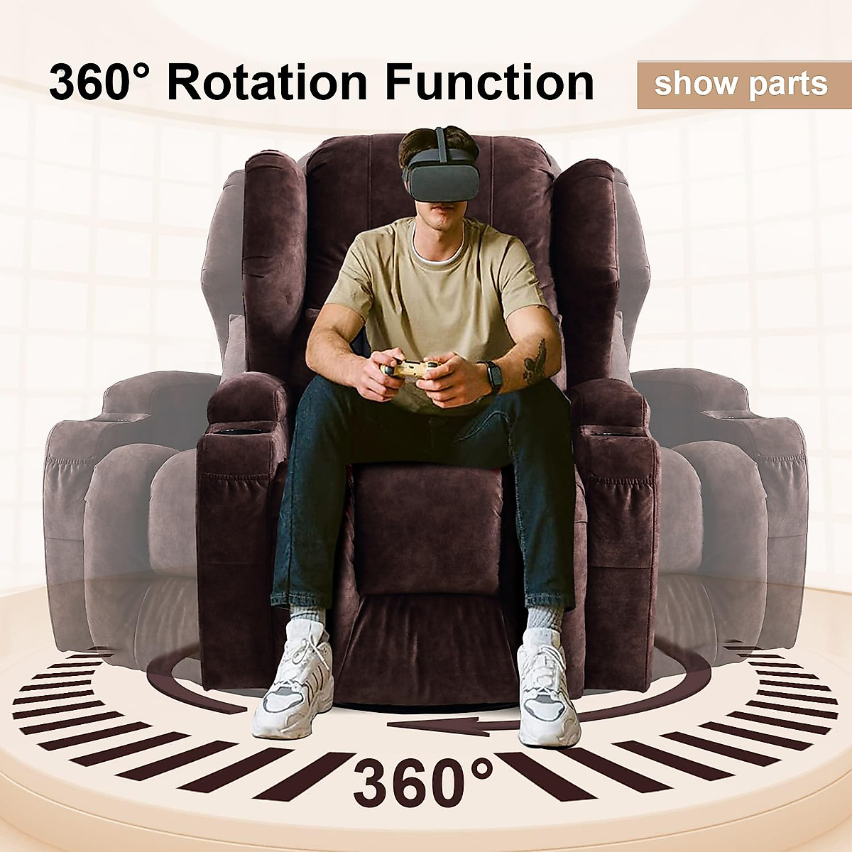 IPKIG Manual Recliner Chair - Swivel Rocker Recliner Chair, Velvet Fabric Recliner Sofa Chairs with 2 Cup Holders, Lumbar Pillow and Side Pockets for Nursery Living Room (Coffee- Manual Recliner)