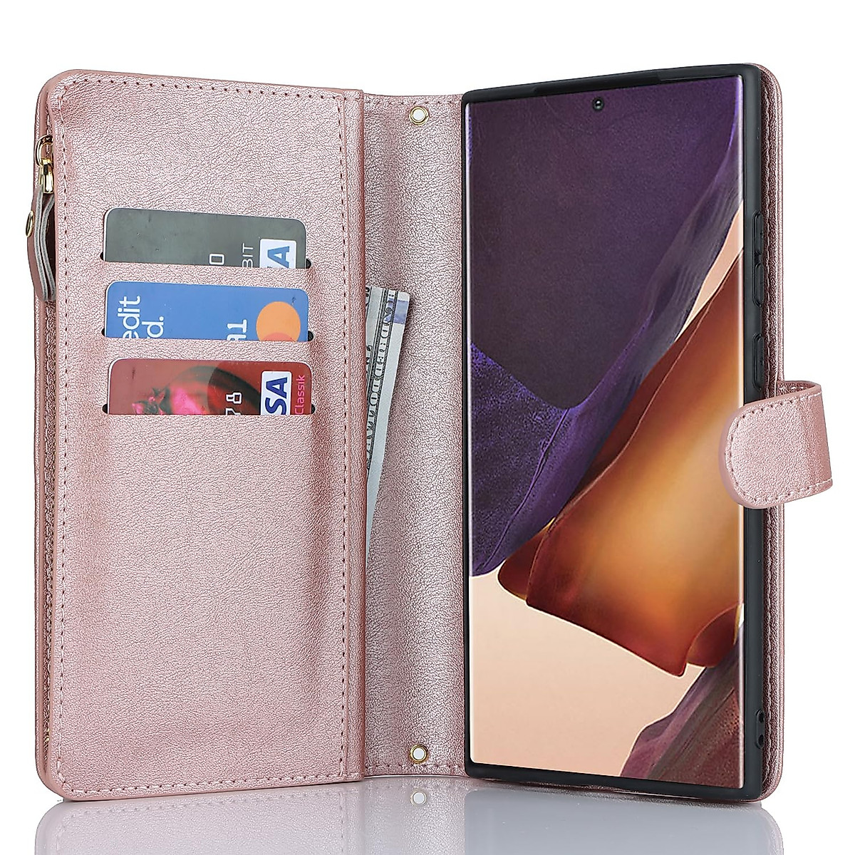 iCoverCase for Samsung Galaxy Note 20 Ultra Wallet Case with Card Holder for Women, Crossbody Lanyard Strap Kickstand PU Leather Case with Zipper Pocket Credit Card Slots Cover (Rose Gold)