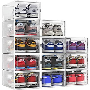 SESENO. 12 Pack Shoe Storage Boxes, Clear Plastic Stackable Shoe Organizer Bins, Drawer Type Front Opening Shoe Holder Containers