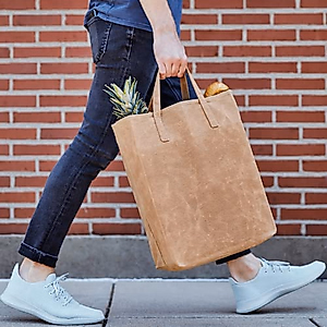 World's Strongest Grocery Bag, Handmade with Certified Organic Cotton and Hand Waxed with Beeswax, Foldable, Stiff Waxed Canvas Stands Up for Easy Filling, Plastic-Free, Reusable, GOTS, Large, Brown