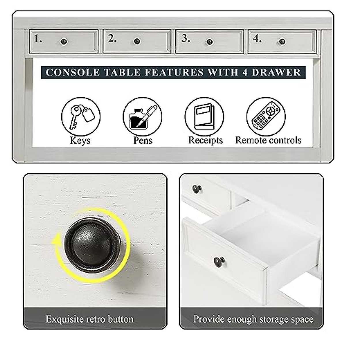 YWUFUART 63" Solid Wood Console Table,Pine Wood Sofa Table with 4 Storage Drawers,Retro Entry Table for Living Room,Hallway,Entryway,Foyer,Antique White