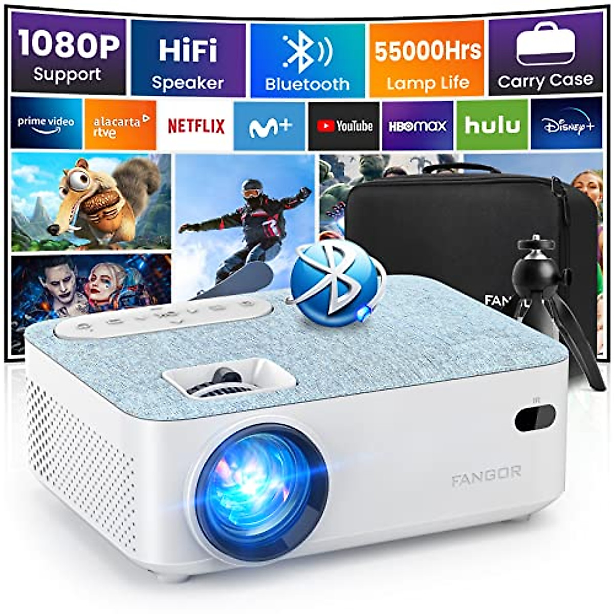 FANGOR 206A Portable Projector -HD Bluetooth Projector for Outdoor MovieS, Mini 1080P Supported Video Projector with Carry Bag & Tripod, Compatible Computer/ Laptop/ SD Cards/PS4/ Xbox