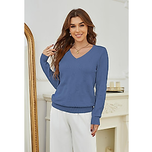 Women's Fall V Neck Casual Long Sleeve Ribbed Knit Sweater Ladies Pullover Sweater Jumper Tops (Blue,M)