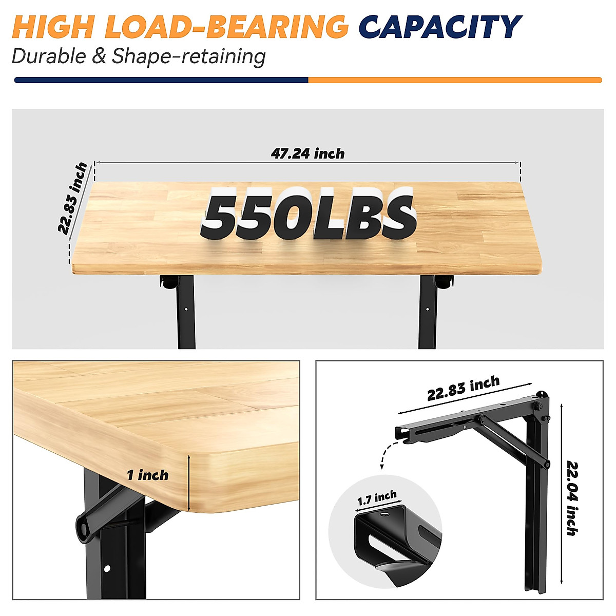 Ultrawall 48" Wall Mounted Folding Workbench, Heavy Duty Foldable Work Table, Collapsible Desk for Workshop, Garage, Office, Home, Holds Up to 550 lb