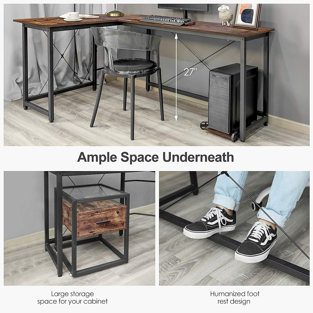 AuAg Modern 66.5‘’ L-Shaped Home Office Desk, Larger Sturdy Computer PC Laptop Table, Corner Gaming Desk, Writing WorkstationDesk, Wooden Desk W/Monitor Stand