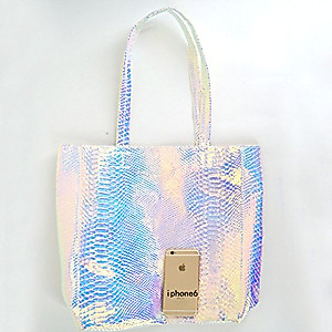 Mily Hologram Tote Bag Laser PU Shoulder Bag, Silver Snakeskin, Size One Size