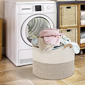 Large Cotton Rope Woven Laundry Basket (20"x14"), Blanket Basket for Living Room, Wicker Laundry Basket with Handle, Clothes Hamper, Round Storage Basket for Clothes, Hamper for Bedroom Aesthetic