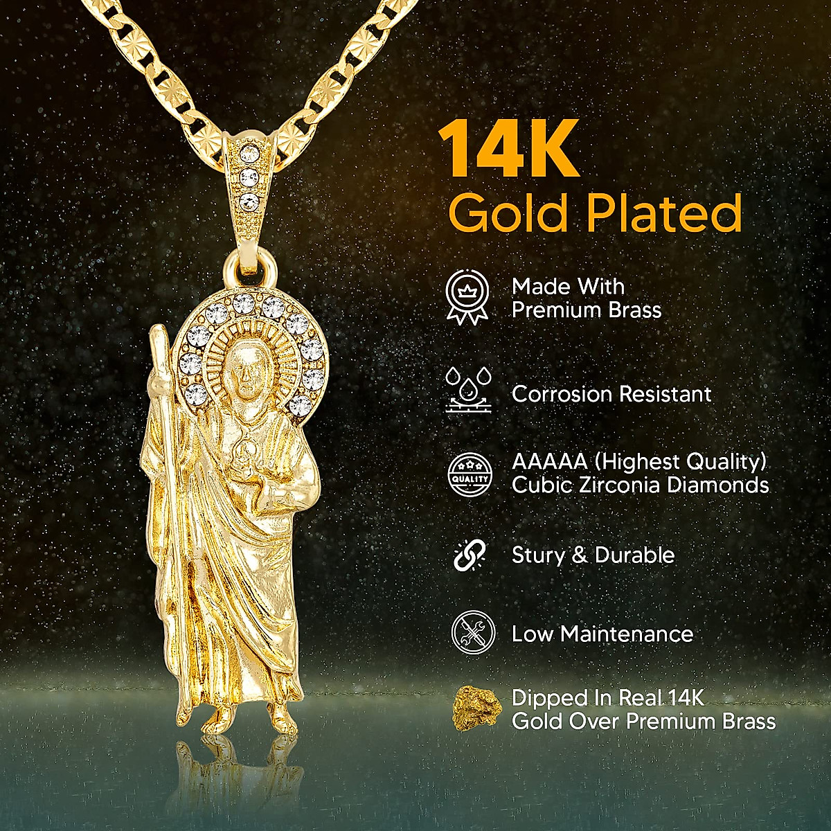 Saint Jude CZ Necklace 14K Gold Plated San Judas Medalla Cadena Oro Laminado San Judas Necklace (22” Inch, Gold)