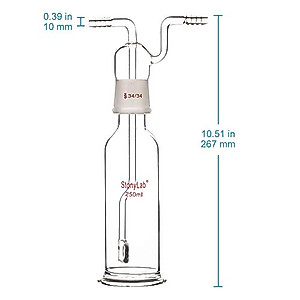 stonylab Gas Washing Bottle, Borosilicate Glass 34/34 Stopper Gas Bubbler Gas Washing Bottle with Fritted Disc and 8 mm OD Inlet/Outlet Hoses, 250 ml