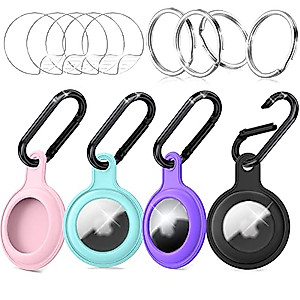 4 Pack Silicone Case for Airtags with Screen Protector Carabiner Keychain Key Ring, Protective Cover Compatible with Apple Airtag Key Finder Tracker Pet Dog Necklace Collar Holder, Air tag Accessories