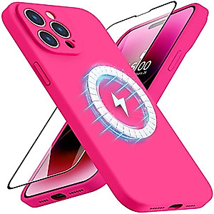Vooii Compatible with MagSafe iPhone 14 Pro Magnetic Case, [9H Screen Protector] [Camera Protective] [Soft Microfiber Lining] Liquid Silicone Shockproof Case for iPhone 14 Pro - Hot Pink