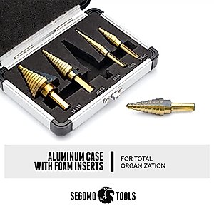 Segomo Tools 5 Piece SAE Multiple Hole 50 Sizes HSS Step Drill Bit Set with Aluminum Case | Stepped Drill Bit | Cone Drill Bit | Step Bit Set | Multiple Hole Drill Bit | Drill Step Bit - SDS5SAE