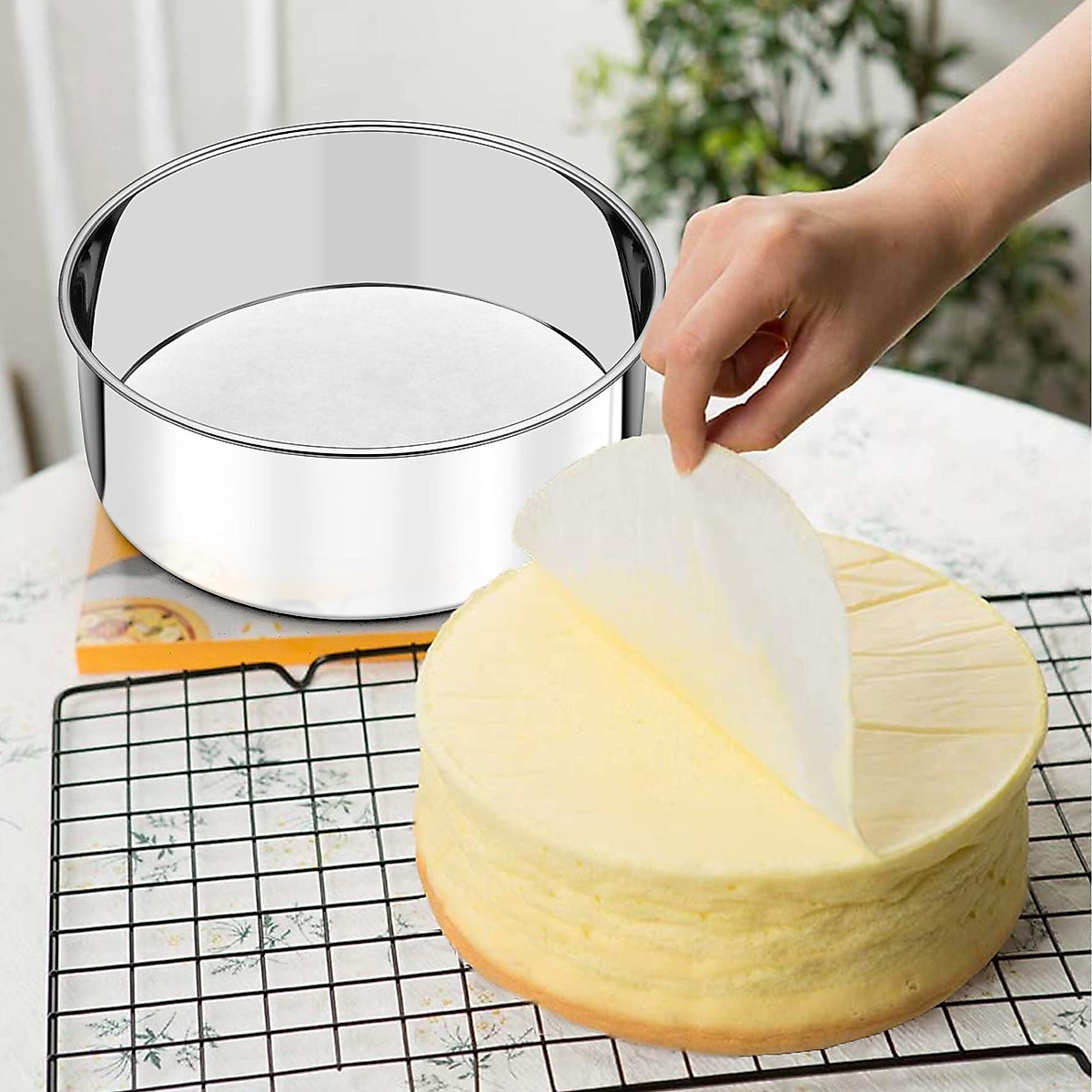 TeamFar Cake Pan, 2 Pcs 8x3 Inch Round Cake Pan, Stainless Steel Deep Layer Cake Pans with 60 Pcs Parchment Papers, 3 Pcs Cake Smoother Scrapers & Silicone Spatula & Mitts, Healthy & Practical