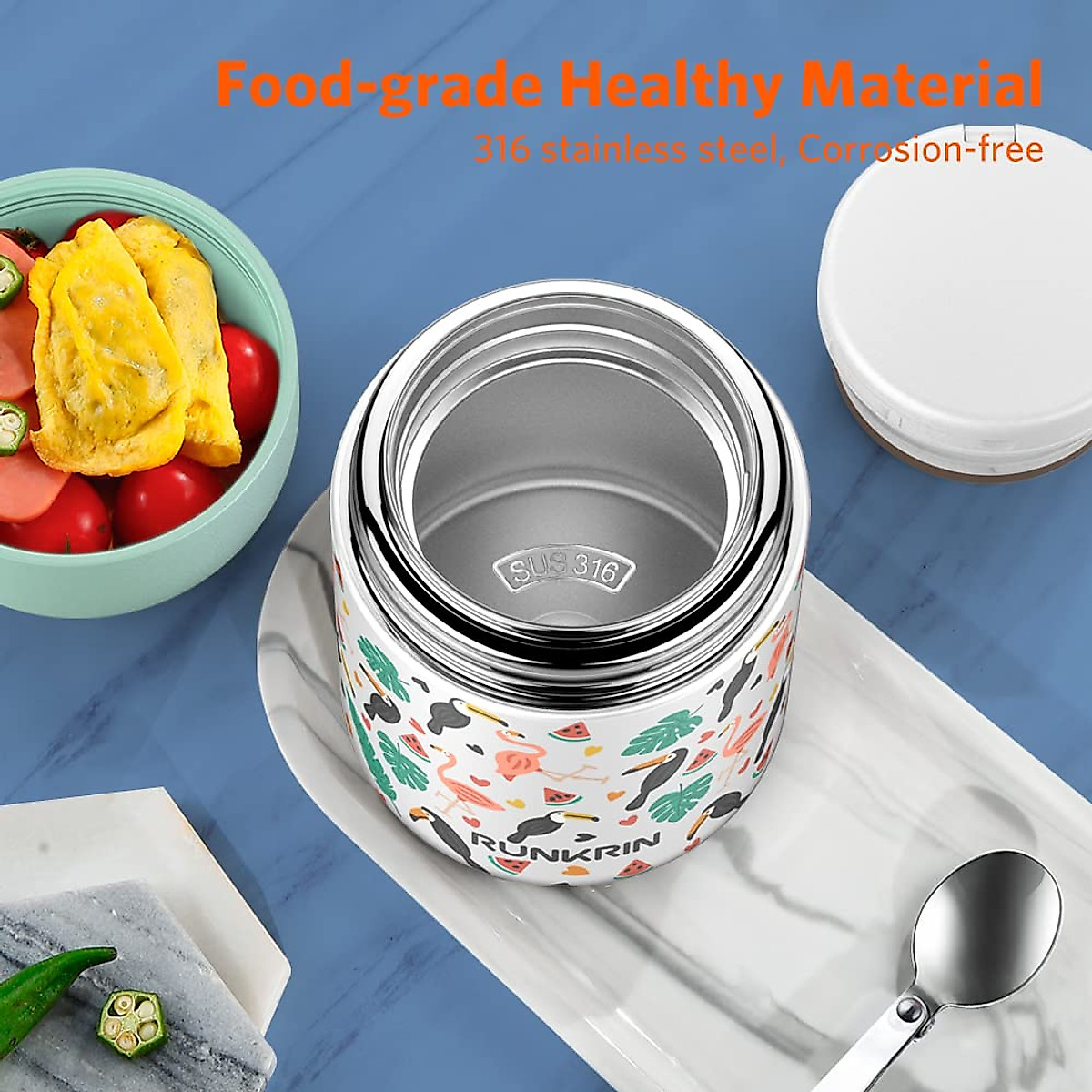 Insulated Food Jar for Hot Food, Runkrin 16oz Thermos Vacuum Double Wall Lunch Container with Spoon, Leak Proof Stainless Steel Thermal Bento Box for Kids Boys Girls Adults