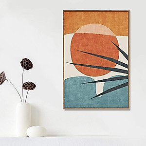 IDEA4WALL Framed Canvas Print Wall Art Abstract Blue Palm Tree & Red Sun Geometric Shapes Illustrations Modern Art Mid-Century Modern Ultra for Living Room, Bedroom, Office - 24"x36" Natural