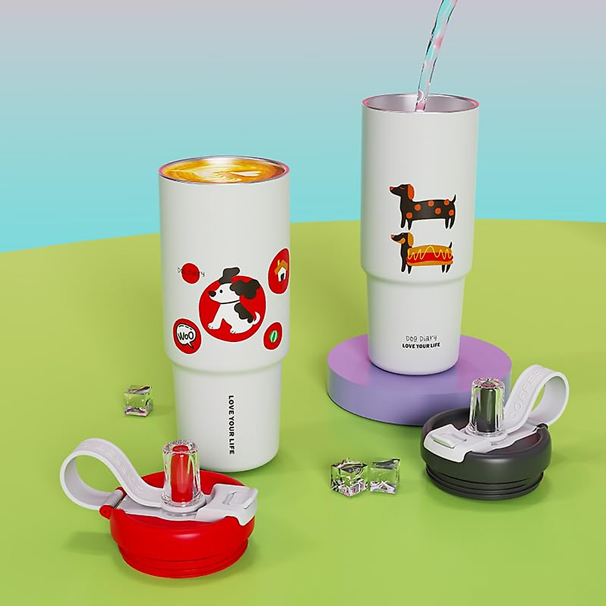 IRNATO Family Size Thermos Mug 316 Stainless Steel With Handle, Leak-proof, Can Be Freely Matched With Family Combinations, Cute Pet Logo, Easy To Carry, Full Of Flowers And Cute Pets12OZ,20OZ,40OZ