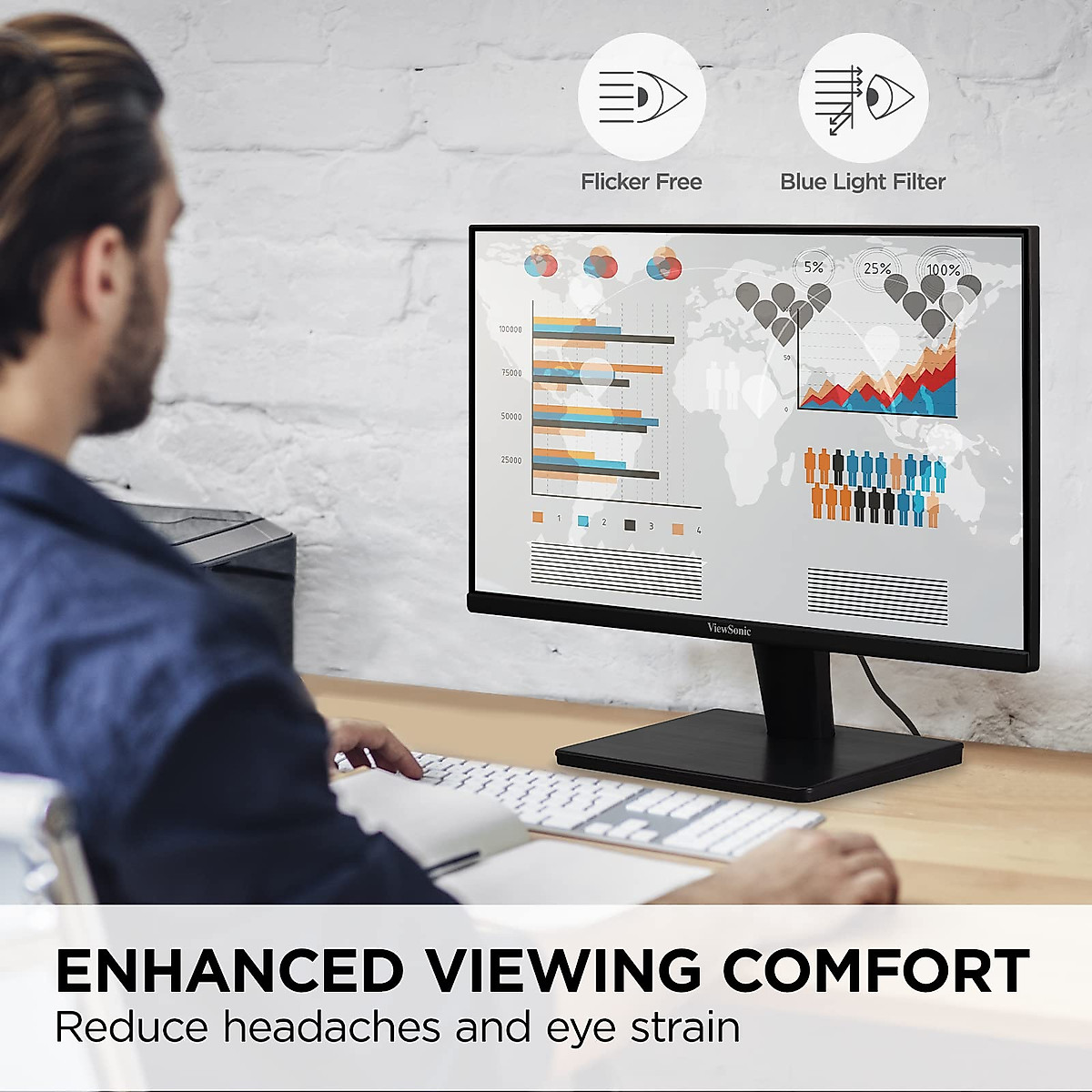 ViewSonic VS2447M 24 Inch 1080p Monitor with 100Hz, FreeSync, Thin Bezels, Eye Care, HDMI, VGA Inputs for Home and Office