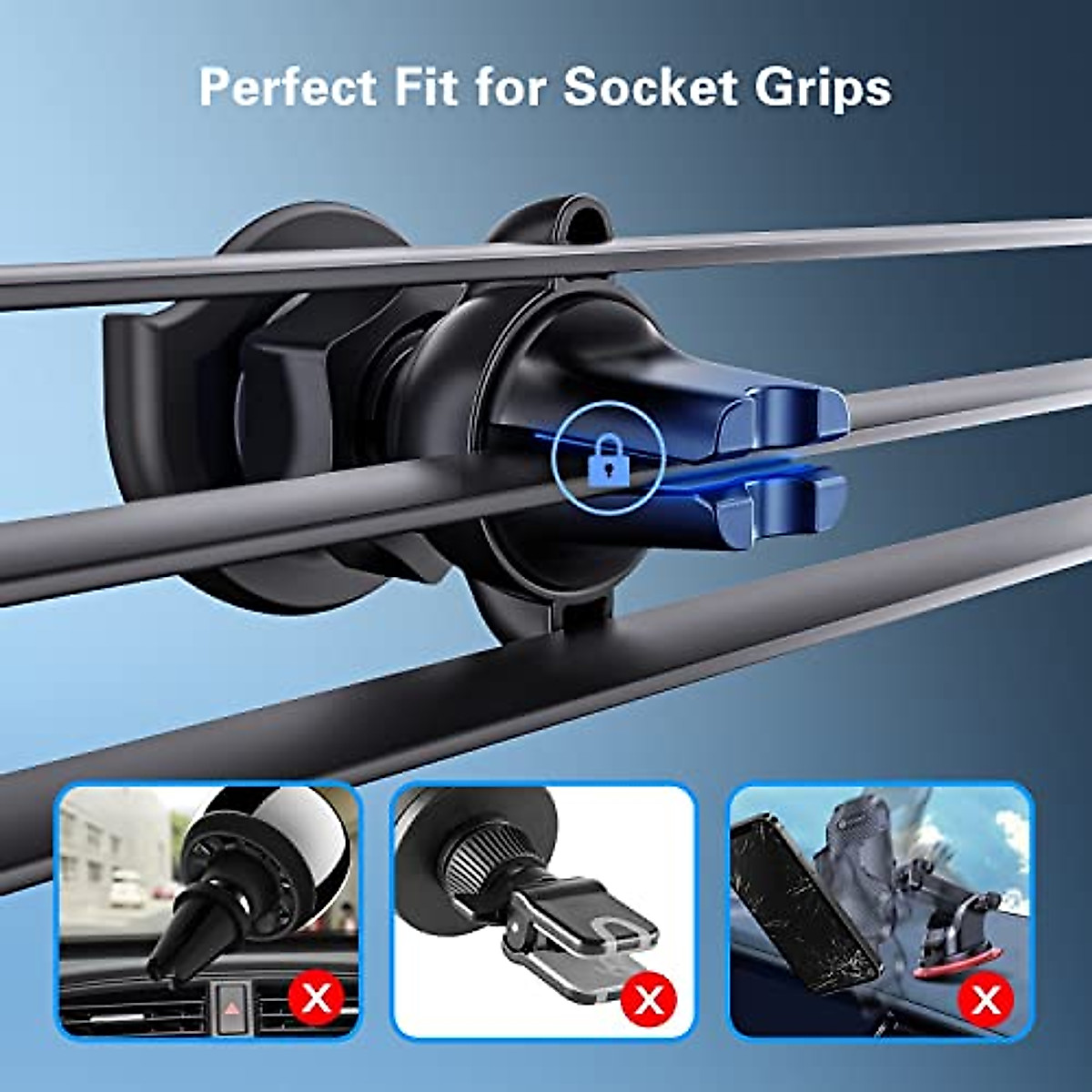 pop-tech Air Vent Phone Holder for Socket Mount, 360° Rotation Vent Clip Car Mount Silicone with Adjustable Switch Lock for Collapsible Grip/GPS Navigation & 3M Sticky Adhesive for Expanding Stand