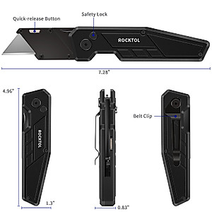 ROCKTOL Utility Knife, 3-Pack Folding Knives Lightweight Reinforced Handle, Quick-change Blade, Button Lock, with 15 Extra Blades