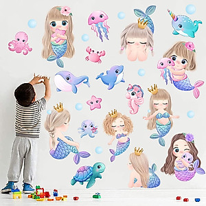 Pinenjoy Cute Mermaid Princess Wall Decal Cartoon Marine Life with Little Bubble Wall Stickers 42x42inch Removable Self-Adhesive Vinyl Wall Clings for Children's Bedroom Nursery Door Decorarion