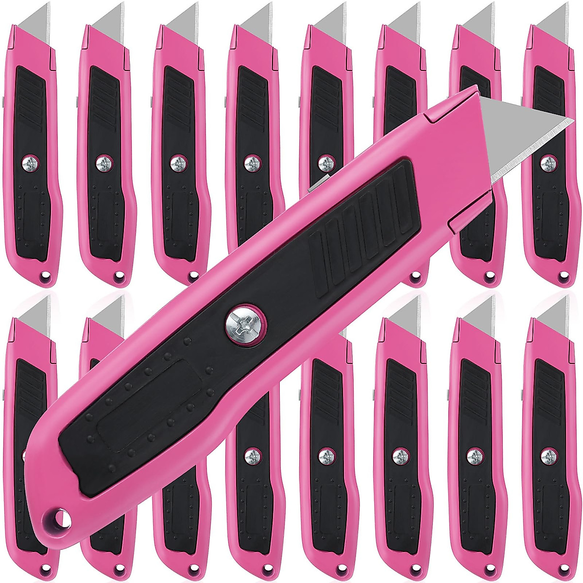 Chuangdi 16 Pack Box Cutter Utility Knife, Heavy Duty Aluminum Shell Retractable Ergonomic Box Cutter for Boxes Cardboard Carpet Pink Sharp Box Knifes, Package Opener