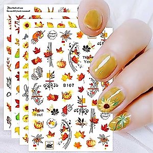 JMEOWIO 12 Sheets Fall Autumn Nail Art Stickers Decals Self-Adhesive Pegatinas Uñas Pumpkin Maple Leaf Thanksgiving Nail Supplies Nail Art Design Decoration Accessories