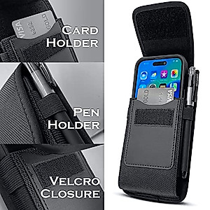 Meilib Belt Case for iPhone 14, 14 Pro, 13 Pro, 13, 12 Pro, 12, 11, XR, Nylon Cell Phone Belt Holder Holster Pouch Cover with ID Card Storage (Fits Phone with Protective Case on) Medium Black