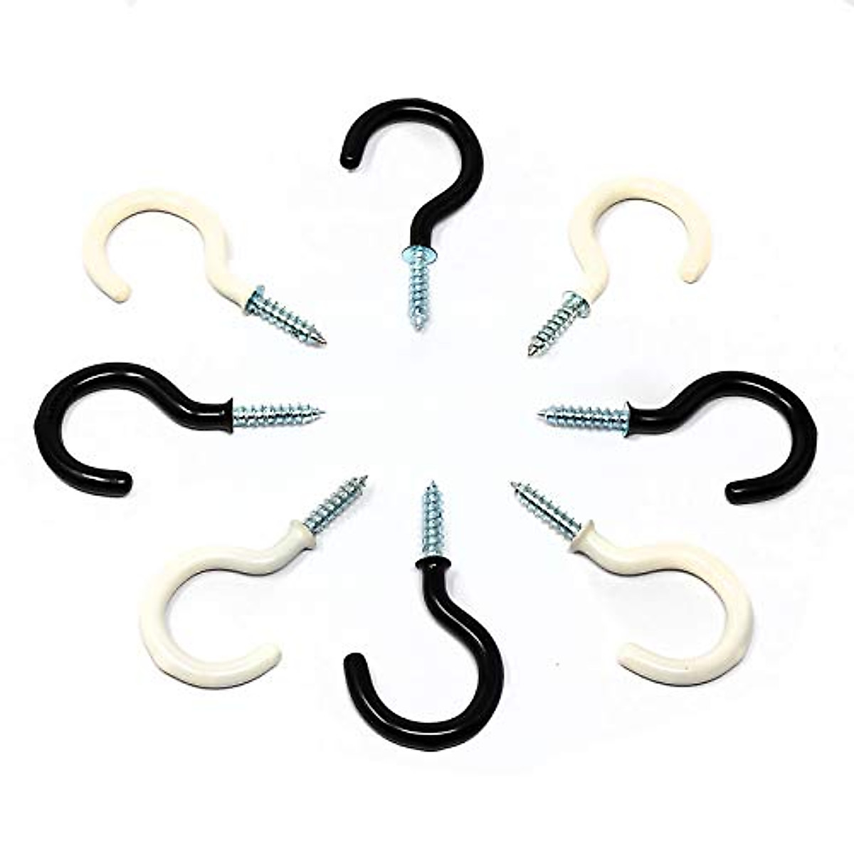 DIY.TK Cup Screw Hooks for Hanging, 32 Pack Ceiling Hooks 1-3/4 inch Vinyl Steel Cup Hooks Outdoor Indoor Porch Bathroom Kitchen Wall Hang Hooks for Coffee Tea Cup, Plant, Light, Mug – White,Black