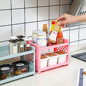 XINGWANG Double-Layer Desktop Storage Rack, Foldable Office Stationery Storage Rack,Kitchen Seasoning Storage Rack, Bathroom Cosmetic Storage Rack (Pink, 2-Layer)