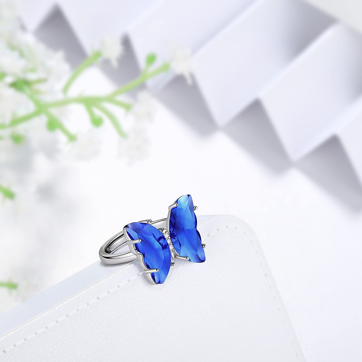 Blue Butterfly Heart Ring Adjustable Women 925 Sterling Silver Animal Butterflies September Created Sapphire Birthstone Sapphire Open Ring Crystal Wedding Birthday Jewelry DR0133S