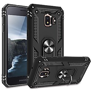 TJS Phone Case Compatible with Samsung Galaxy J2 Core/J2 2019/J2 Pure/J2 Dash/J2 Shine, Impact Resistant Metal Ring Magnetic Support Heavy Duty (Black)