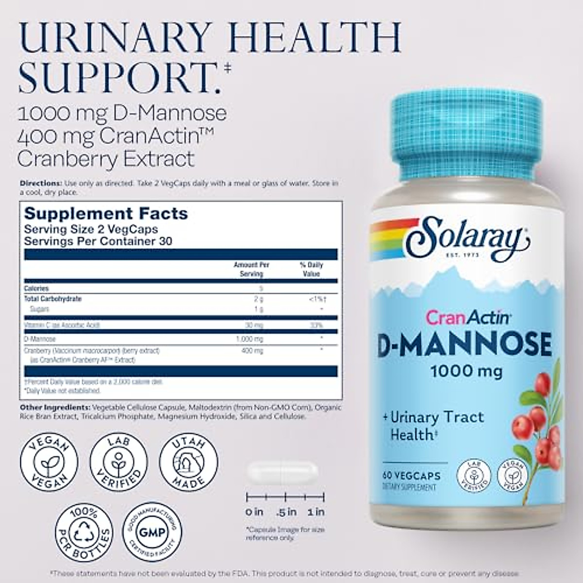 Solaray D-Mannose 1000mg with CranActin Cranberry Extract - D Mannose Cranberry Supplement with Vitamin C - Supports Urinary Tract and Bladder Health - Vegan, 60 Day Guarantee, 30 Servings, 60 VegCaps