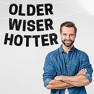 Pre-Strung Older Wiser Hotter Banner - NO DIY - Black Glitter Happy Birthday Party Banner - Pre-Strung Garland on 8 ft Strands. Black Birthday Party Decorations For Men & Women. Did we mention no DIY?