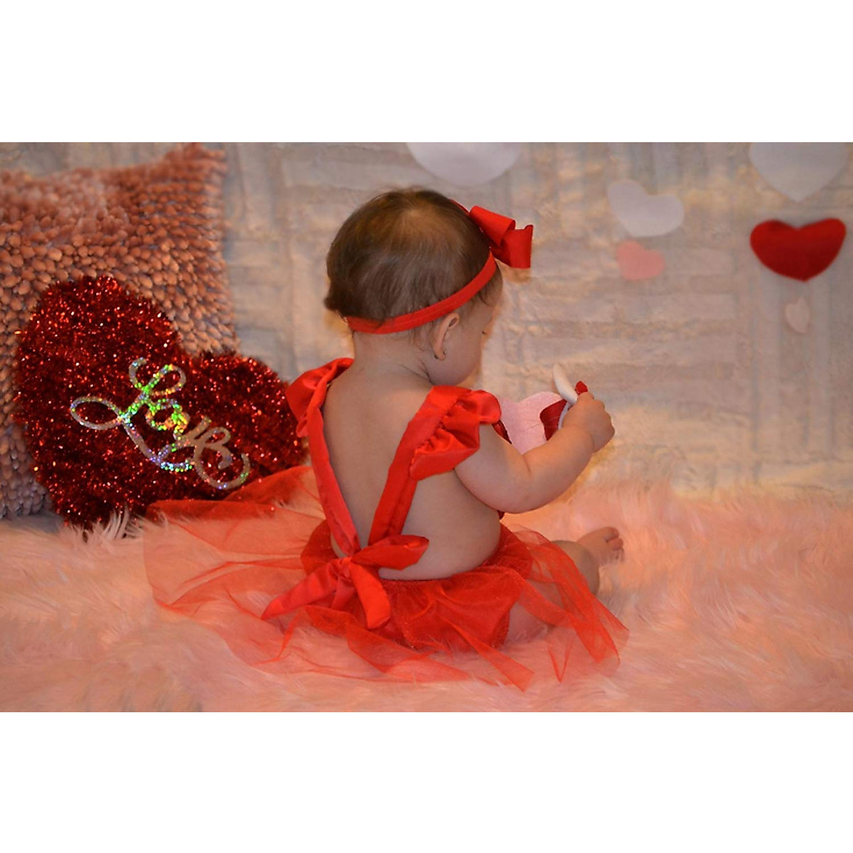 Newborn Baby Girls Valentine Romper Tutu Dress Fly Sleeve Heart Sequins Bodysuit Jumpsuit Summer Outfit 0-3Y (6-12M, Red)