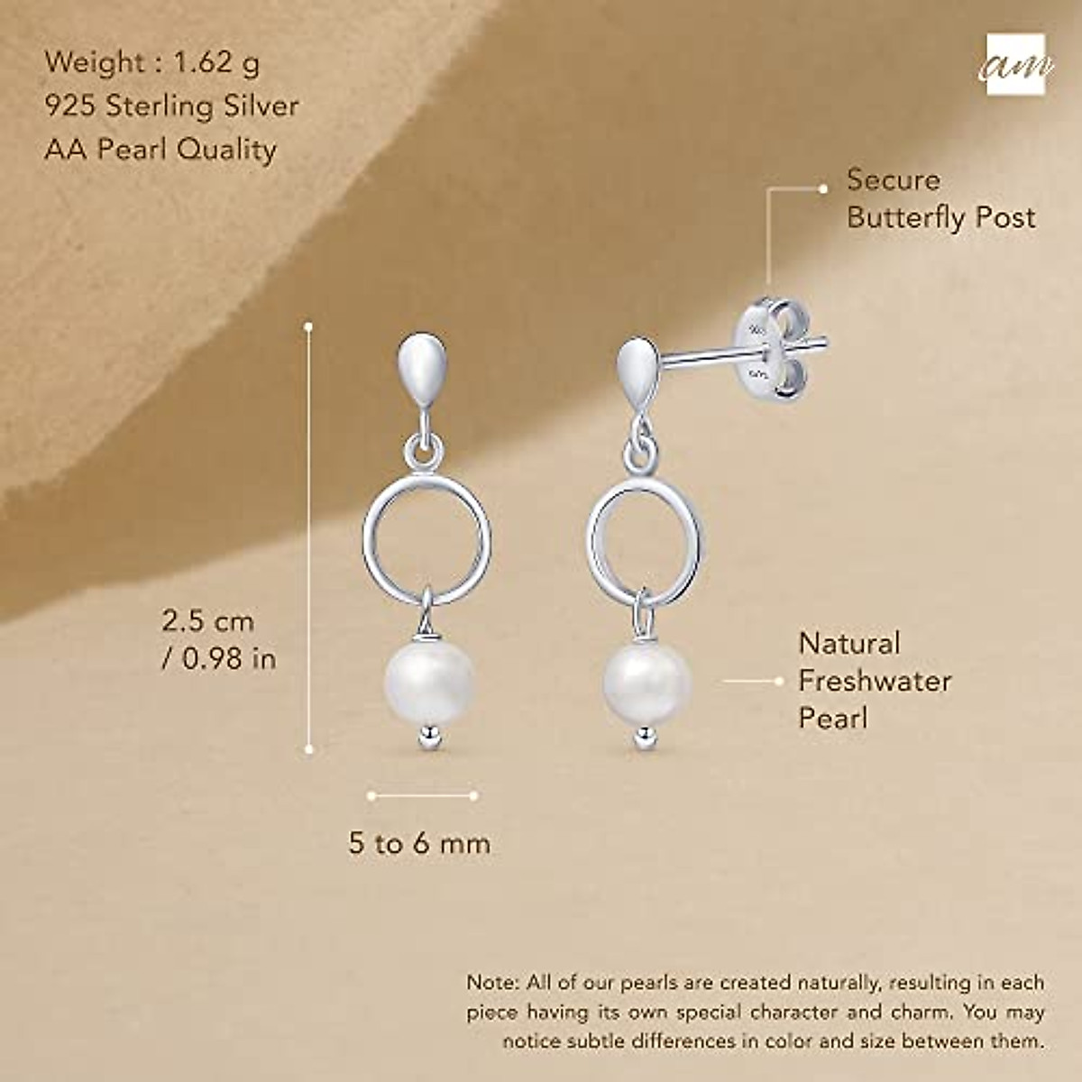 Amberta Women 925 Sterling Silver Freshwater Pearl Earrings: 5 mm Silver Pearl Drop Earrings - Silver