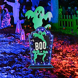 Joliyoou Halloween Yard Stake, 26.4" Solar Lighted Metal Tombstone with Glow in The Dark Ghosts, 18 LED Purple Lights Spooky Yard Sign for Outdoor Front Door Yard Lawn Garden Decors
