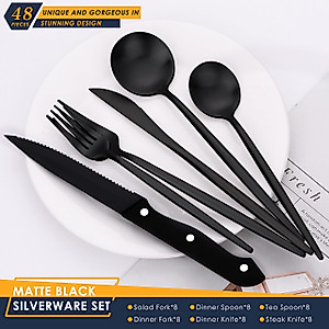 Stapava 48-Piece Matte Black Silverware Set with Steak Knives, Stainless Steel Flatware Set for 8, Satin Finish Tableware Cutlery, Utensil Sets for Home Restaurant Hotel, Dishwasher Safe