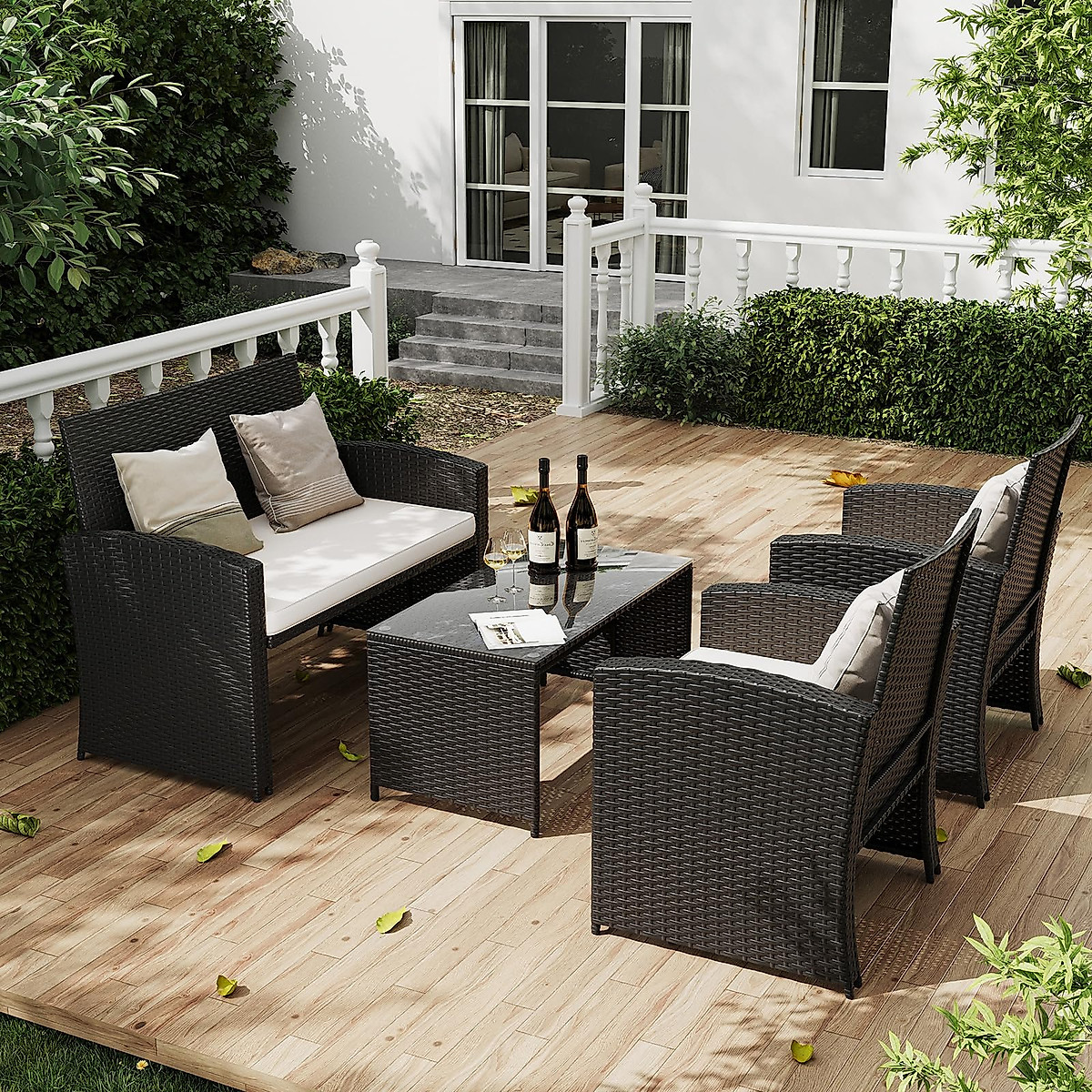 Amopatio Outdoor Furniture Set,4 Pieces Black Rattan Wicker Conversation Sets Sectional Sofa with White Cushions