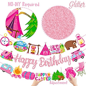 Happy Camper Birthday Party Banners Girls Camping Birthday Decorations 2PCS Happy Camper Party Decorations Camping Party Decoration for One Happy Camper Baby Shower Supplies