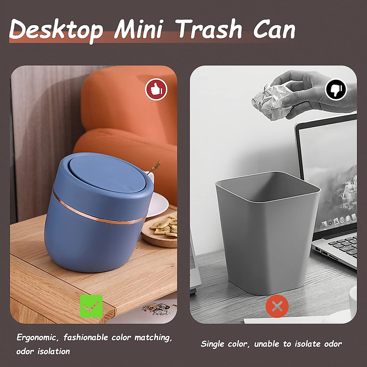 YISTOS Mini Trash Can with Lid, Black, Press-Top, Polypropylene, Desktop, Office, Vanity, Coffee Table