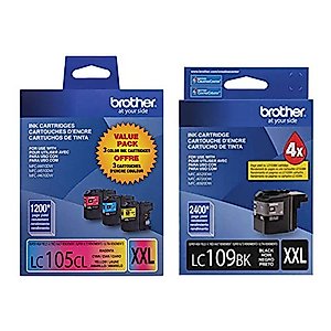 Brother Genuine Ultra High Yield Black Ink Cartridge LC109BK and Super High Yield Cyan Magenta and Yellow Cartridges LC105C, LC105M, LC105Y