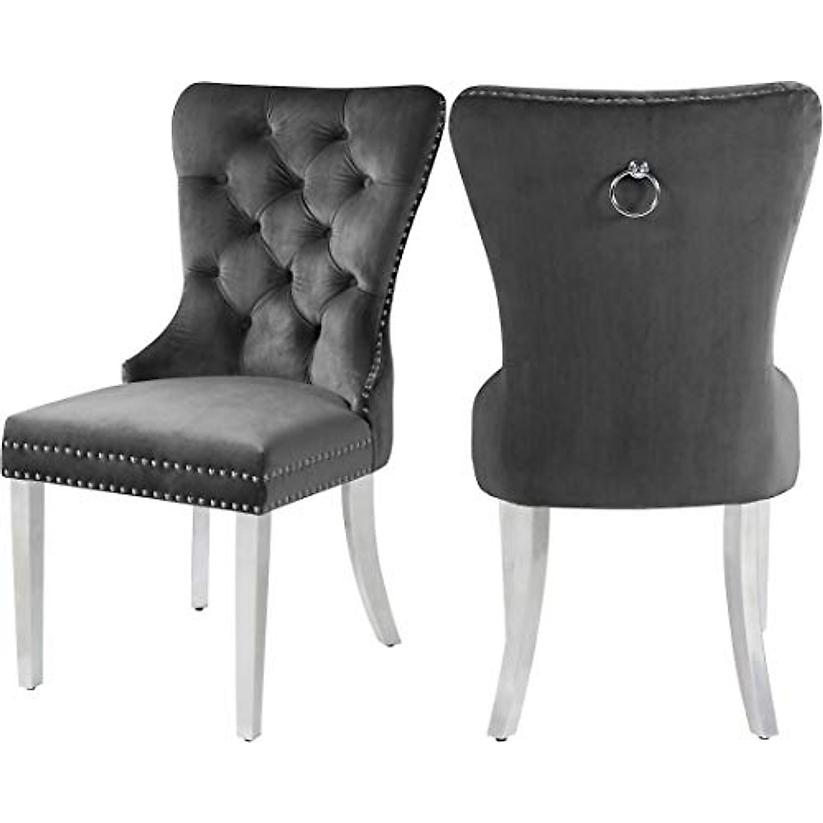Meridian Furniture Carmen Collection Modern | Contemporary Velvet Upholstered Dining Chair with Button Tufting and Chrome Metal Legs, Set of 2, Grey, 21.5" W x 27" D x 39.5" H