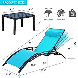 MIRSION Lounge Chair and Side Table Set of 3, Patio Chair for Outside in Swimming Pool, Beach Chaise Lounge Outdoor Recliner with Arm (Light Blue)