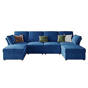 VanAcc Modular Sectional Sofa, Sectional Couch, 9 Seats Sofa- U Shaped sectional with Ottomans, Reversible Sofa Couch for Living Room, Blue Linen