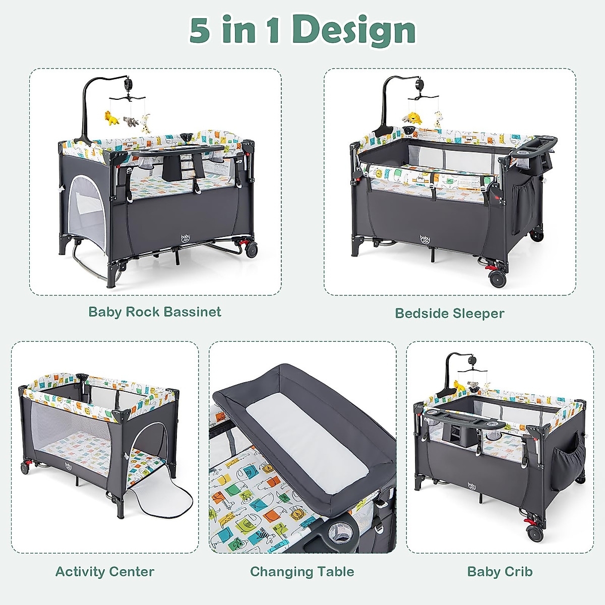 BABY JOY 5-in-1 Pack and Play, Baby Bedside Sleeper with Bassinet, Multifunction Bedside Crib from Newborn to Toddlers, U-Shaped Diaper Changer, Playard, Safety Strap, Music Box & Hanging Toys