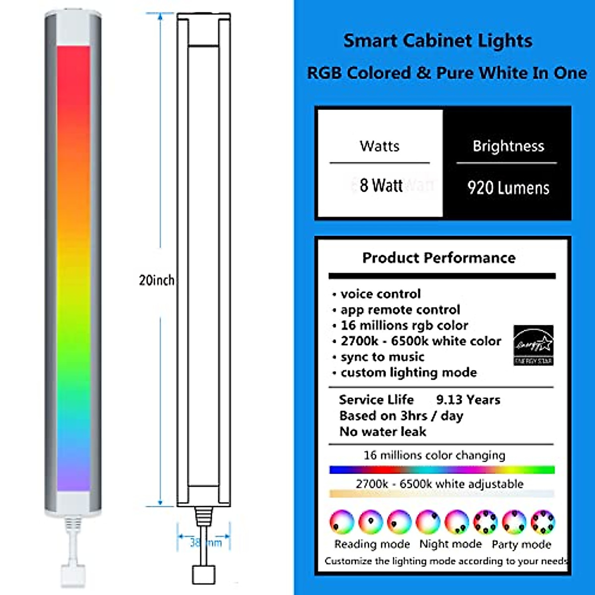 Smart Under Cabinet Lights,Color Changing & White 20Inch Cabinet Lighting Plug In,RGB LED Light Bar for Kitchen,Room Ambient,Alexa,Google Home,Smart Phone Control,Multi Colored Strip Lights,1pcs