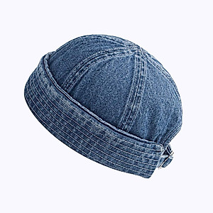 Washed Denim Docker Beanie Hat Adjustable for Men Women Brimless Cuffed Hat Skullcap Watch Cap