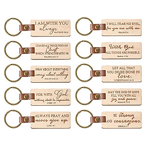 Fumete 10 Pieces Wood Bible Keychain Wooden Religious Keyrings PU Leather Christian Keychain Bible Verse Keychain Christian Quote Keychains for Women Men Sunday School Teacher Appreciation Day