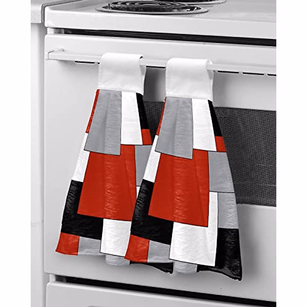 PIEPLE 2 PCS Kitchen Hand Towels, Irregular Geo Color Block Soft Plush Hanging Tie Towels with Loop for Kitchen Bathroom Dish Cloth Tea Bar Towel White Grey Black Red Abstract Geometric