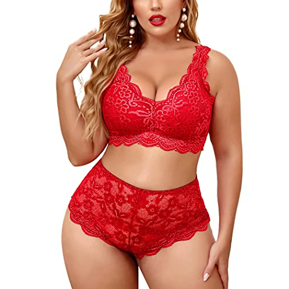 Avidlove Plus Size Lingerie Set Lace Bralette High Waist Panty Set Red